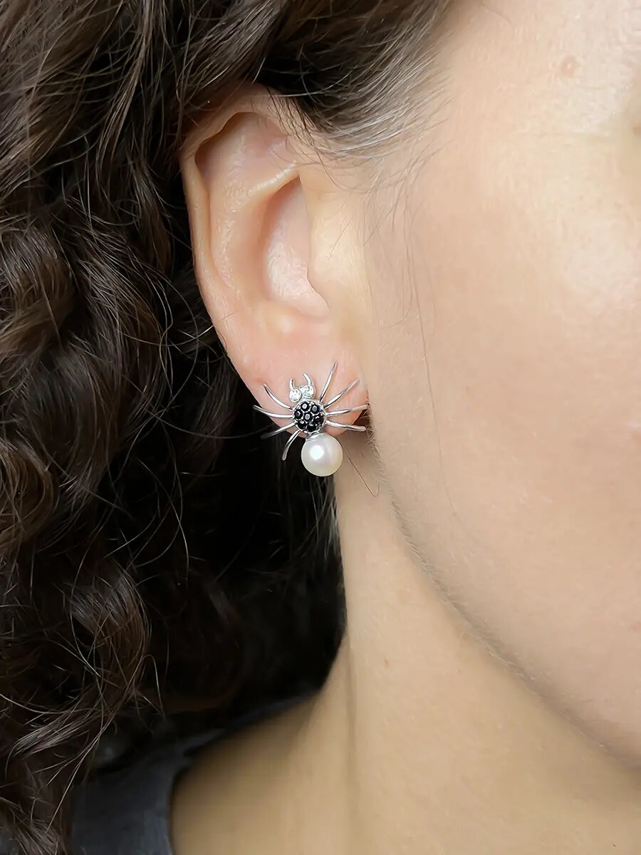 Серьги пусеты, серебро, 925 проба, фианит, шпинель, жемчуг