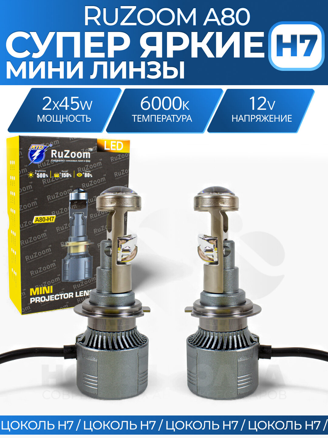 Светодиодные лампы RuZoom H7 с линзой LED A80, мини линзы, комплект 2 шт.