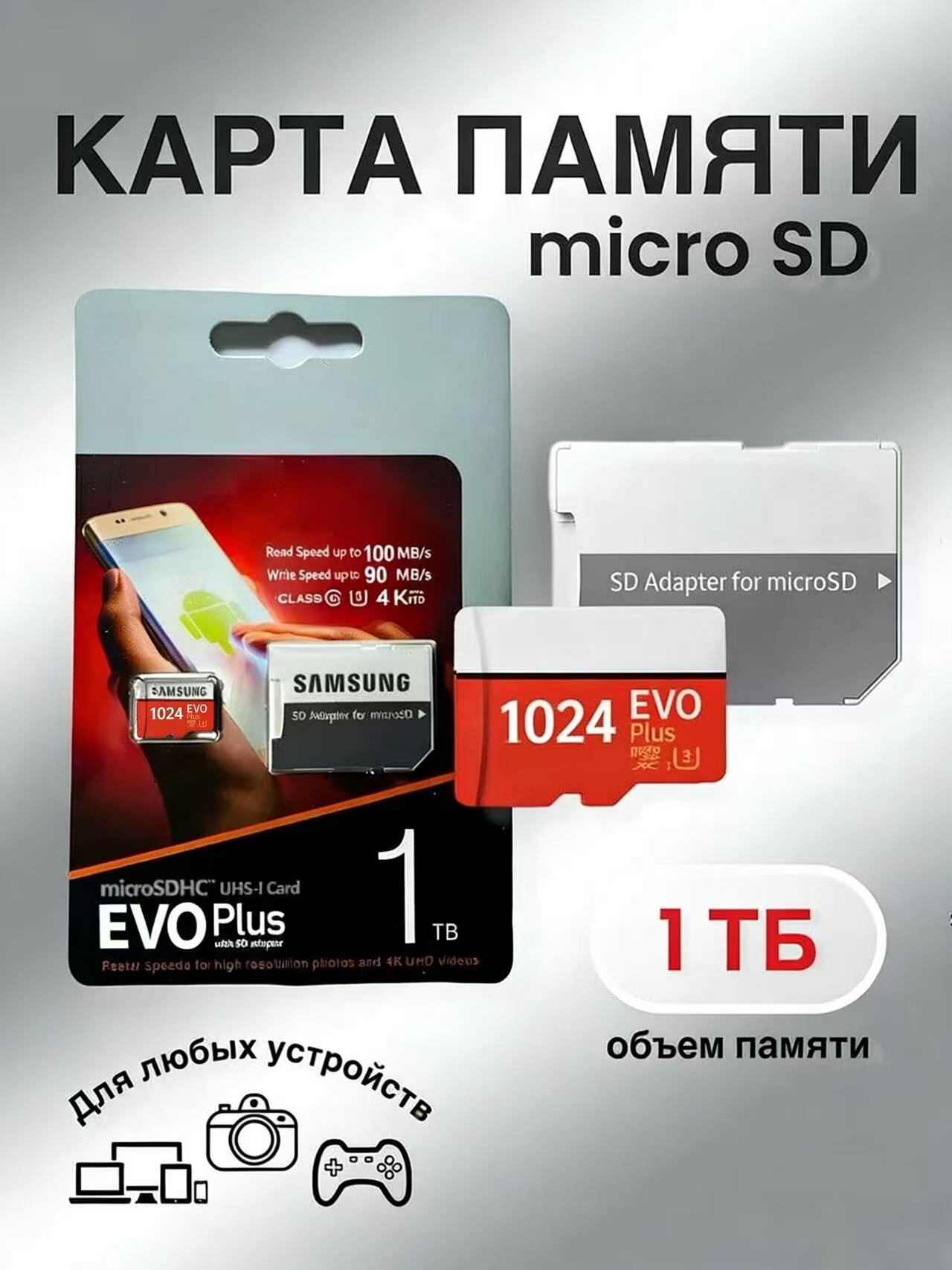 Карта памяти 1 ТБ для 4K-видео: Samsung EVO Plus, MicroSDXC, высокая скорость записи, класс A2