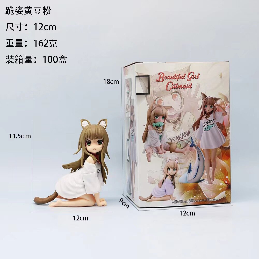 Девочка-кошка из соевой муки сидит и ест рыбу, милая модель-украшение, стоячая поза, кошка из соевой муки ест рыбу