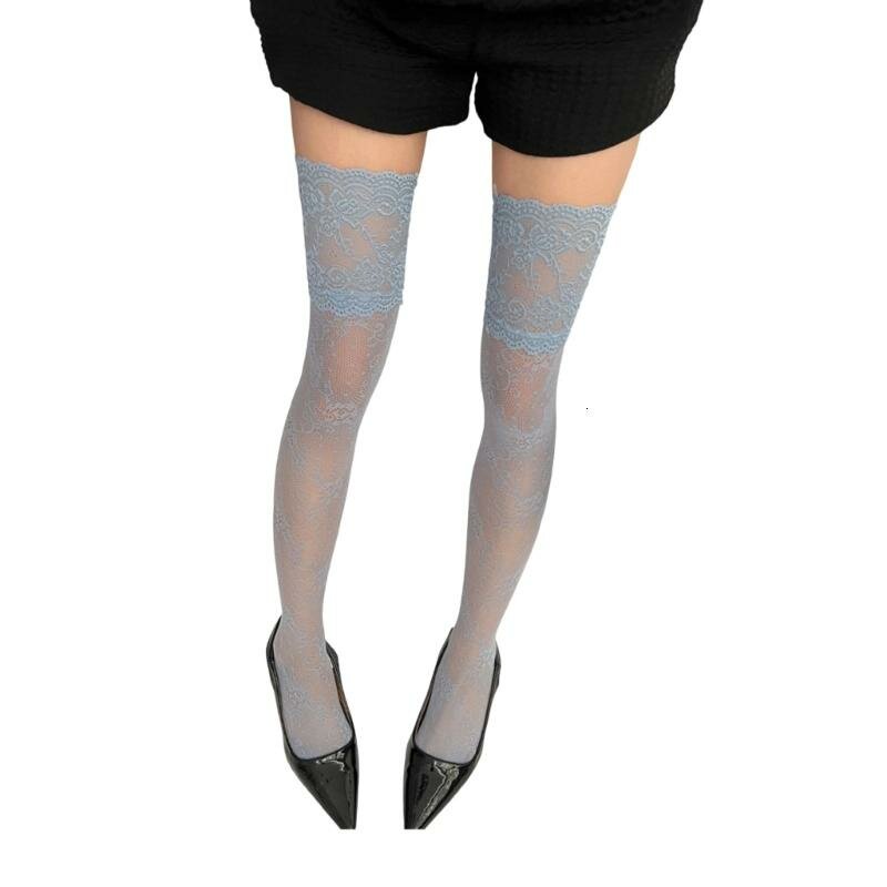 Женские высокие чулки с цветочным кружевом, Светло-голубой