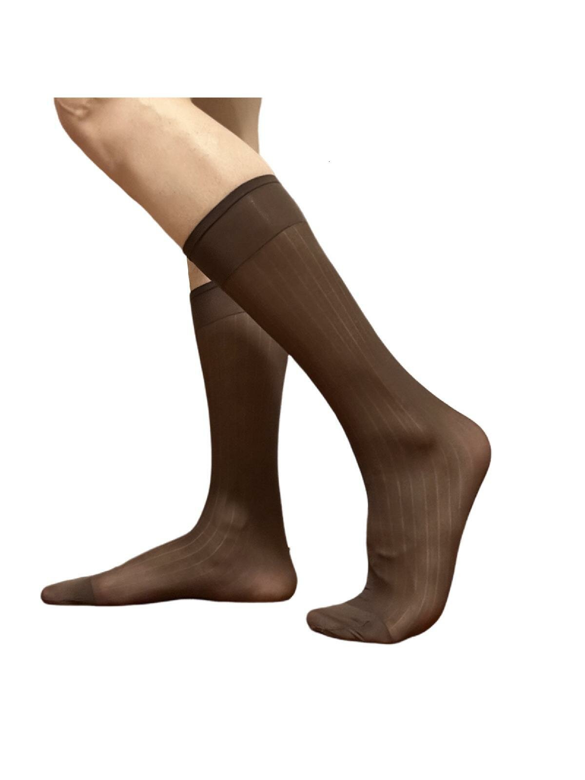Мужские нейлоновые полупрозрачные носки до колена, Коричневый