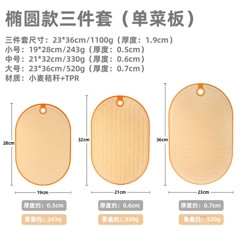 Одна эллиптическая разделочная доска из эко-стропы для детского питания, двусторонняя, оранжевый край, кухонный