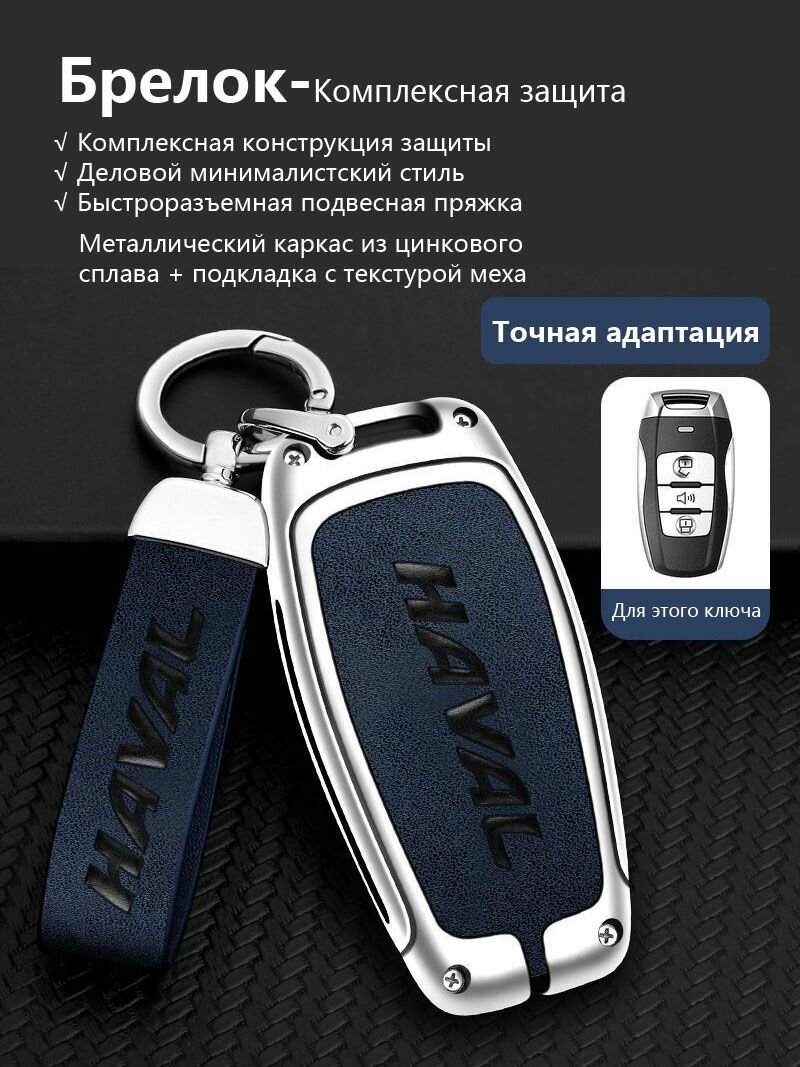 Чехол для ключа Haval (цинк+кожа+TPU, 3/4 кнопки) для Jolion, F7, H6, Dargo, с карабином
