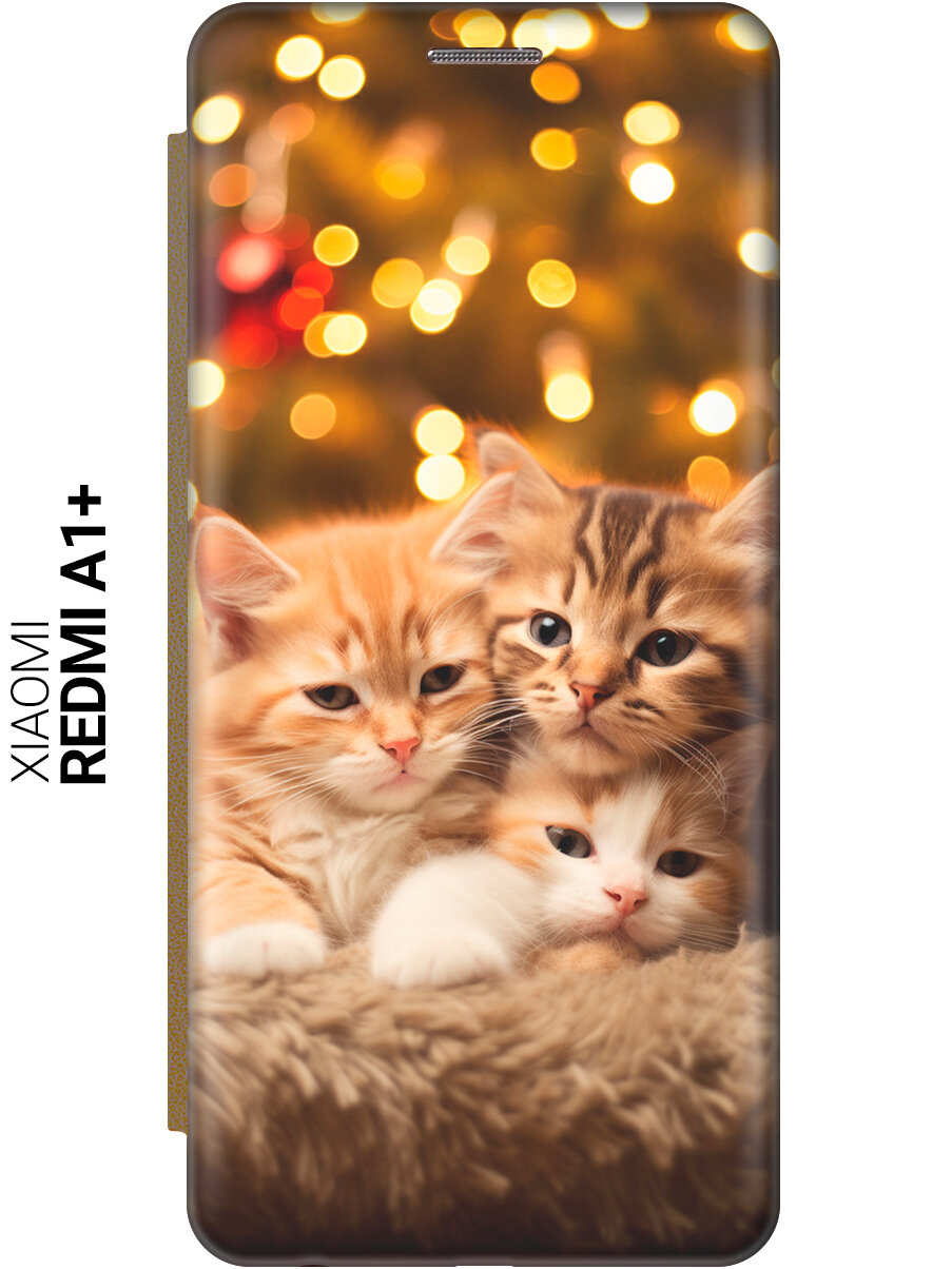 Чехол-книжка на Xiaomi Redmi A1+ / A2+ / Poco C50 / C51 / Сяоми Редми А1 Плюс / А2 Плюс / Поко С50 / С51 с рисунком "Котята и Новый Год" золотистый