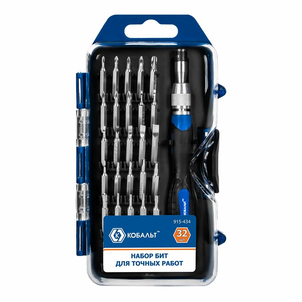 Набор бит кобальт CR-V 32 шт, с рукояткой, шлицы Torx, PH, PZ, SL, H/HEX, синий