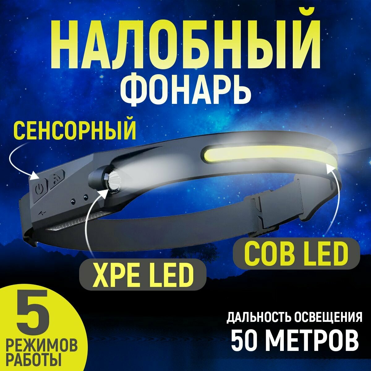 Налобный фонарь, портативный светодиодный сенсорный, с зарядкой от USB, водонепроницаемый с датчиком освещения