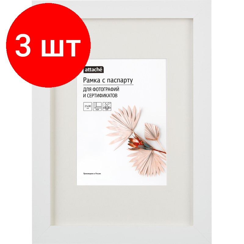 Комплект 3 штук, Рамка с паспарту МДФ, 21х30, белая
