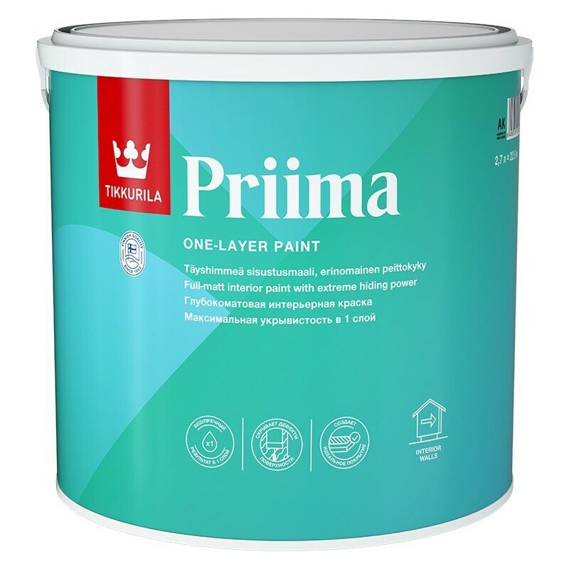 Tikkurila Priima / Тиккурила Прима краска для интерьеров однослойная 2,7л База А