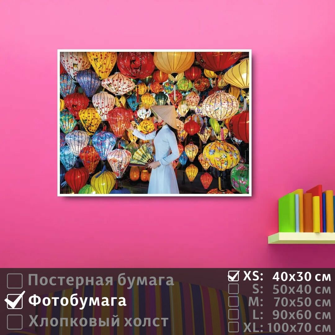 Постер на фотобумаге Девушка В Шляпе С Китайскими Фонариками 40х30 см ПолиЦентр