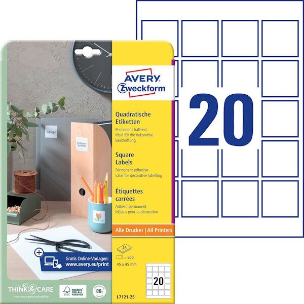 Самоклеящиеся этикетки Avery Zweckform [L7121-25] для мартичного кодирования (45х45 мм, 500 шт, 25 листов)