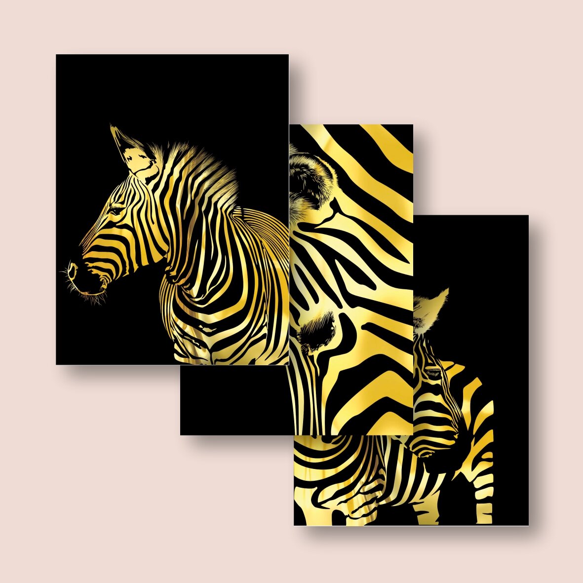 Постеры интерьерные золотые (3 штуки, 30х40 см). Картины /декор для дома / интерьерный коллаж. Зебры