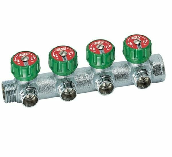 Регулирующий коллектор 3/4" (ВР-НР) с 4 отв. 1/2" НР FAR (FK3824 3412) с вставкой под плск. упл.