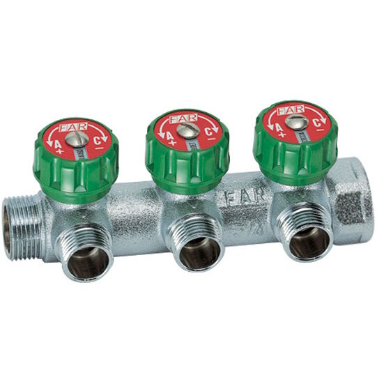 Регулирующий коллектор 1" (ВР-НР) с 3 отв. 3/4" НР (межосев. 45 мм) FAR (FK3822 134TP) плск. упл.