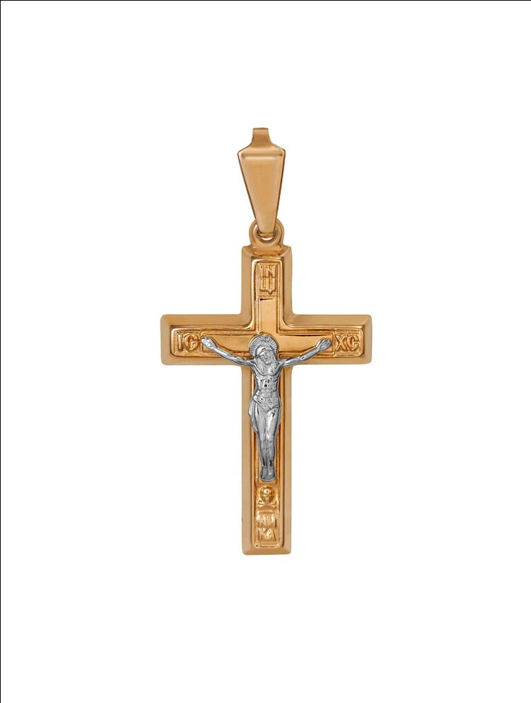 Крестик, комбинированное, красное золото, 585 проба, родирование, гравировка