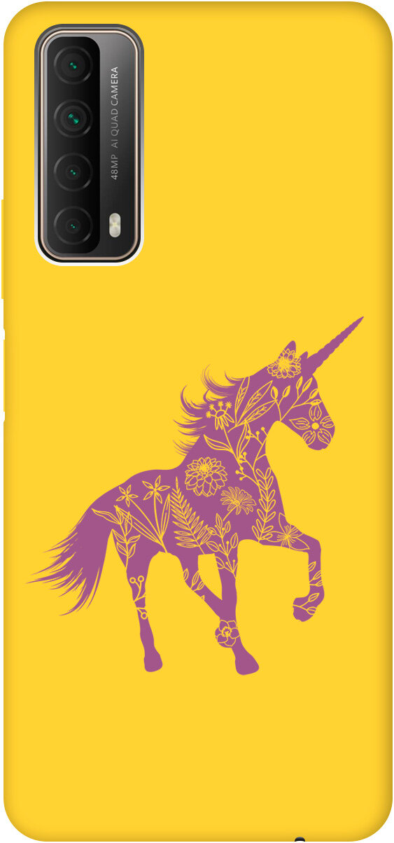 Силиконовый чехол на Huawei P Smart (2021), Хуавей П Смарт (2021) Silky Touch Premium с принтом "Floral Unicorn" желтый