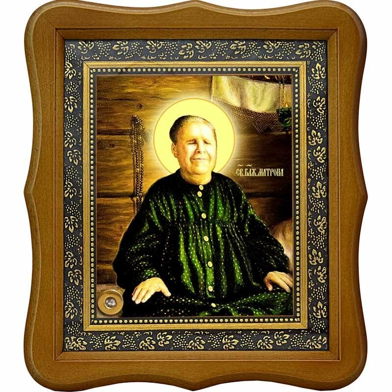 Икона Святой Матроны Московской на холсте с мощевиком. (15 х 18 см / В фигурном киоте)