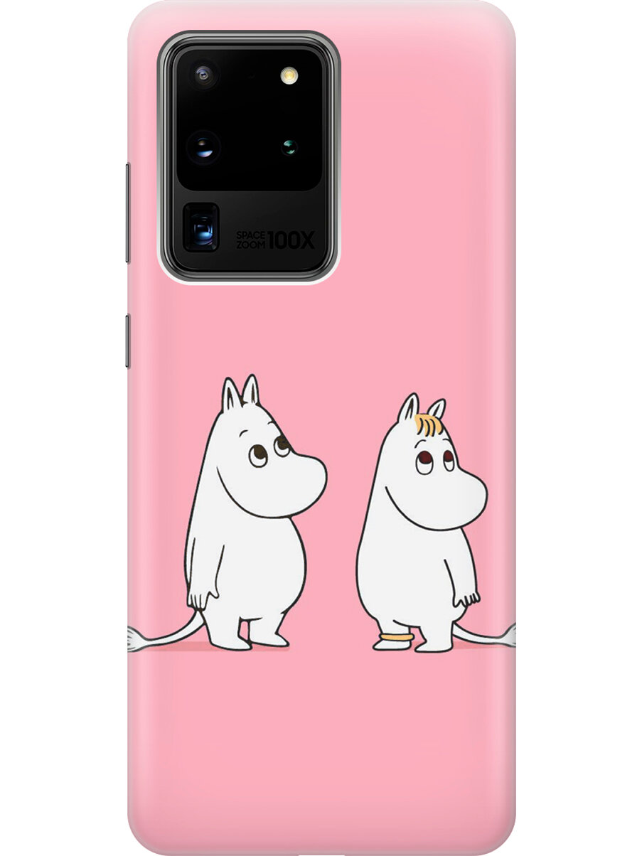 Силиконовый чехол на Samsung Galaxy S20 Ultra, Самсунг С20 Ультра с принтом "Муми-тролли на розовом"