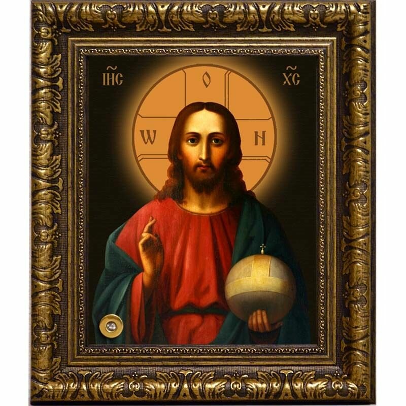 Господь Вседержитель с державой. Копия старинной иконы на холсте с мощевиком.