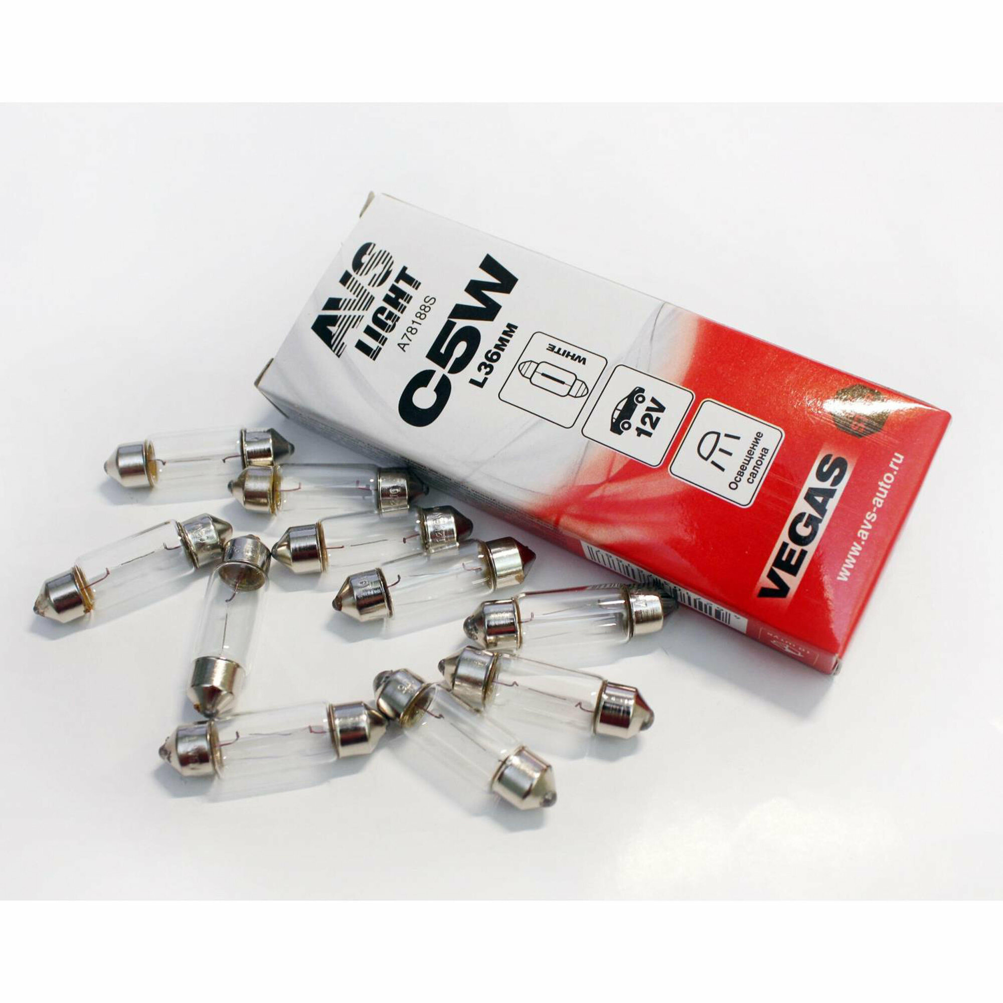 Лампа 12V С5W (SV8.5/8) L36мм. BOX(10 шт.) AVS Vegas