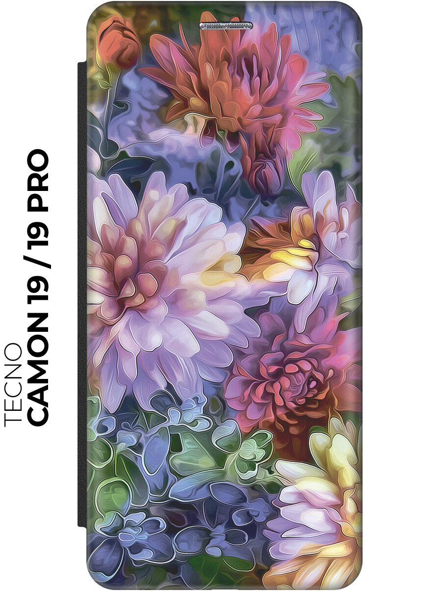 Чехол-книжка на Tecno Camon 19 / 19 Pro / Техно Камон 19 / 19 Про с рисунком "Цветные хризантемы" черный
