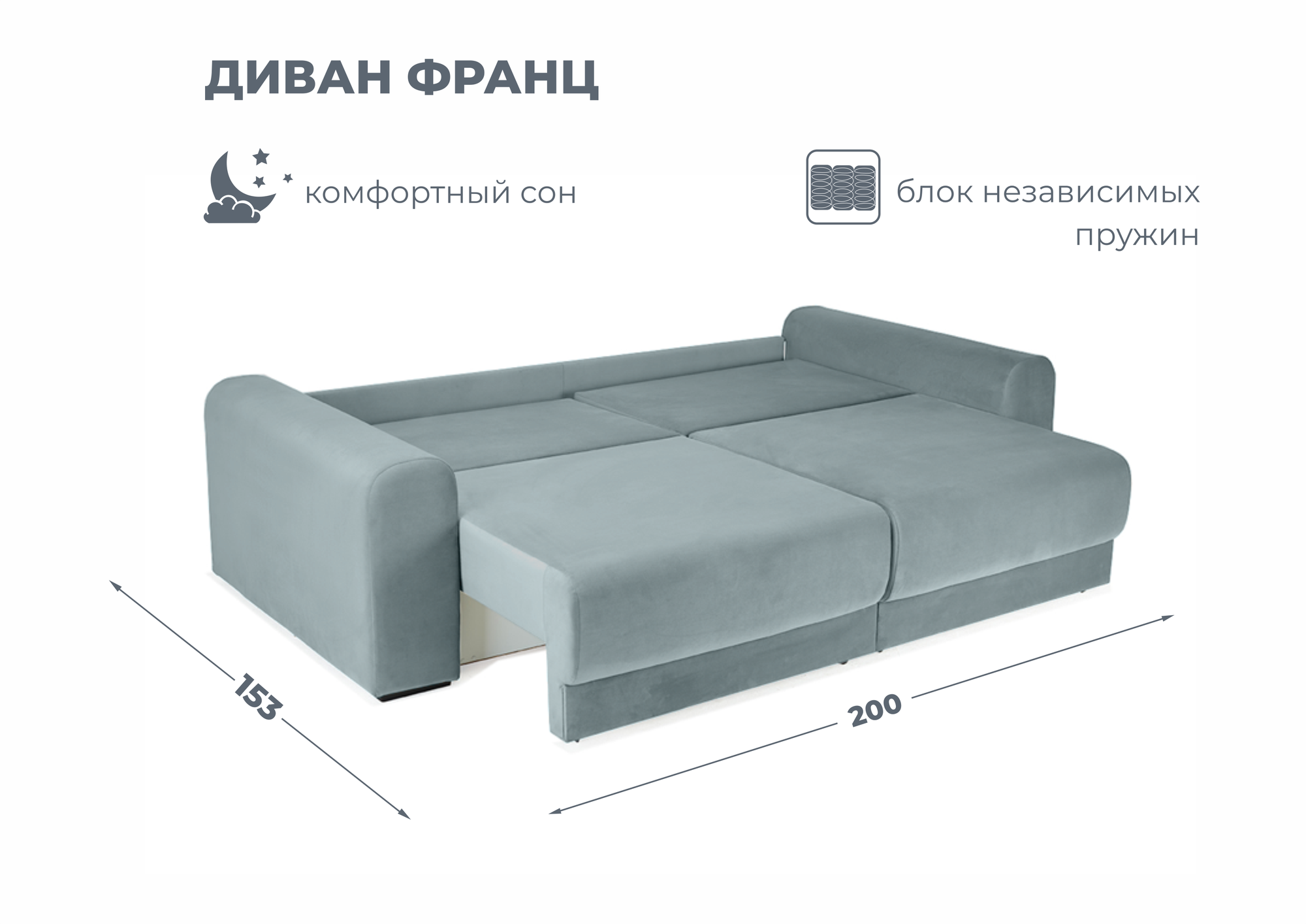 Диван раскладной, еврокнижка Франц, Легкомаркет, в цвете светло-серый (Велутто 53), независимый пружинный блок — фото 1