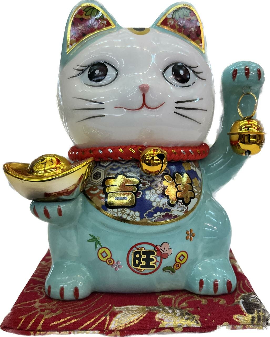 Котик копилка с чашей изобилия 14 см Фарфор премиум, голубой (Oxan)
