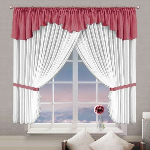 Кухонные шторы из цветного тюля и белого тюля на ленте под крючки Э-910 цвет бордовый