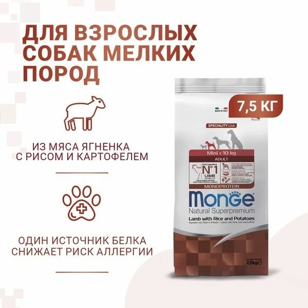 MONGE Dog Monoprotein Mini Сухой корм для взрослых собак мелких пород Ягненок с рисом и картофелем 7,5 кг
