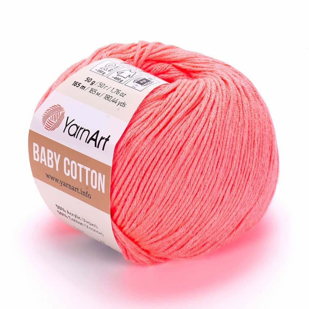 Пряжа Baby Cotton YarnArt, неон. коралл - 424, 50% хлопок, 50% акрил, 5 мотков, 50 г, 165 м.