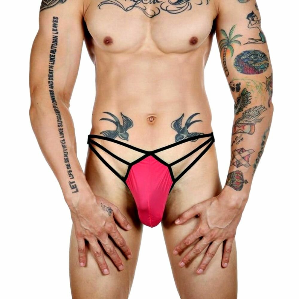 Розовые сексуальные трусы-стринги на тонких черных бретелях, XL