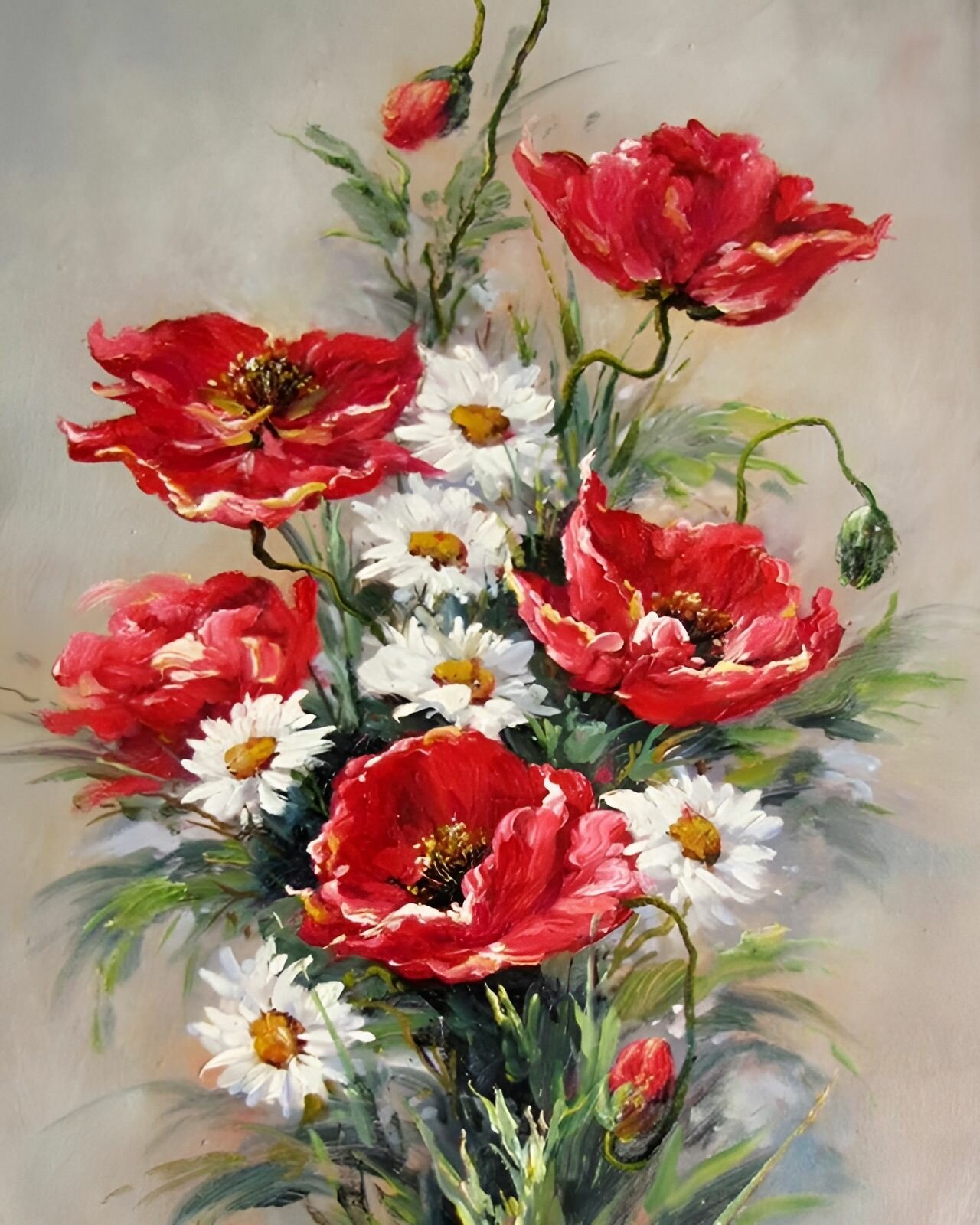 Картина по номерам 40*50 см на холсте "Маки с ромашками"