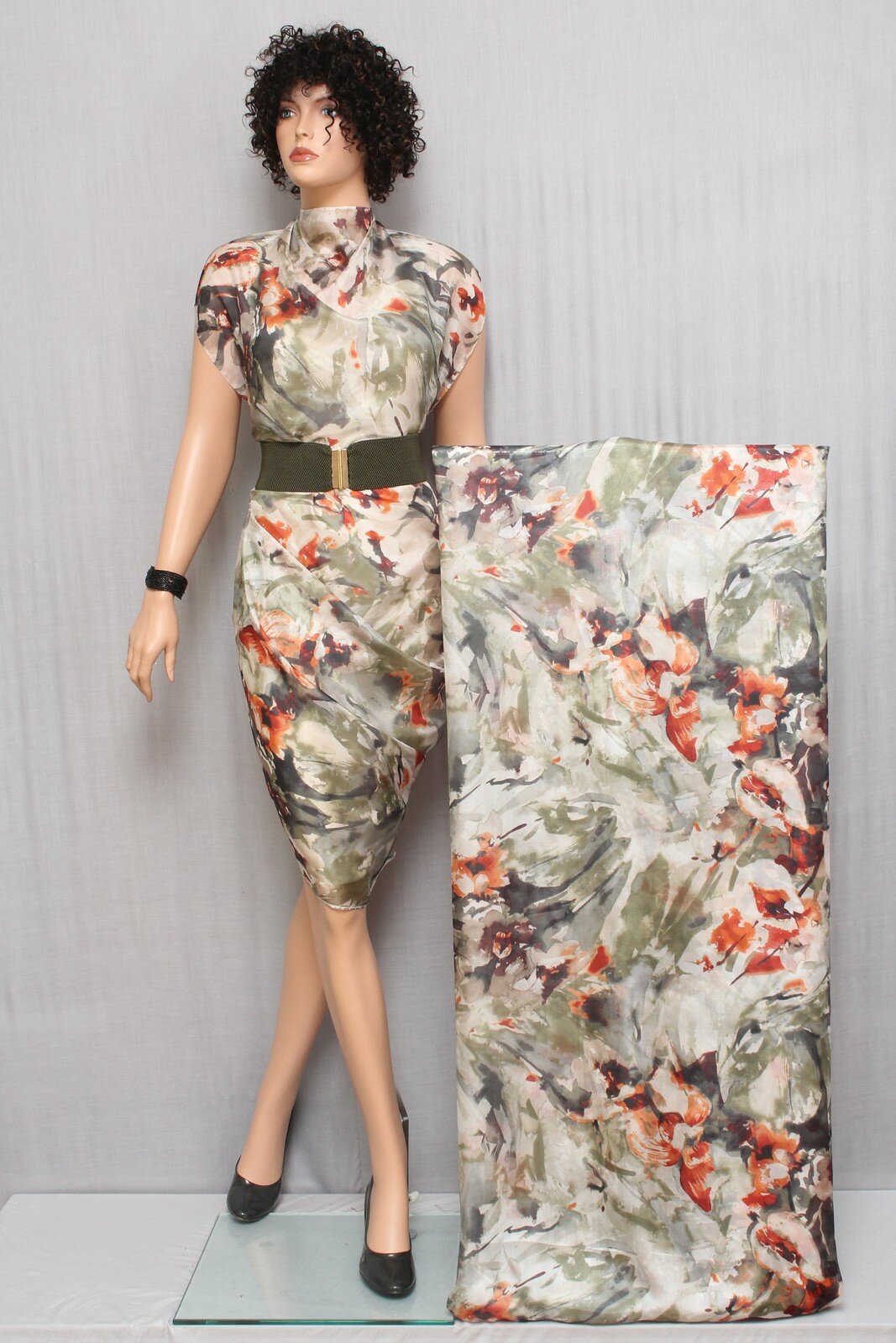 Ткань Шёлк-туаль Marini оливково-оранжево-бордовый размытый узор, ш136см, 0,5 м