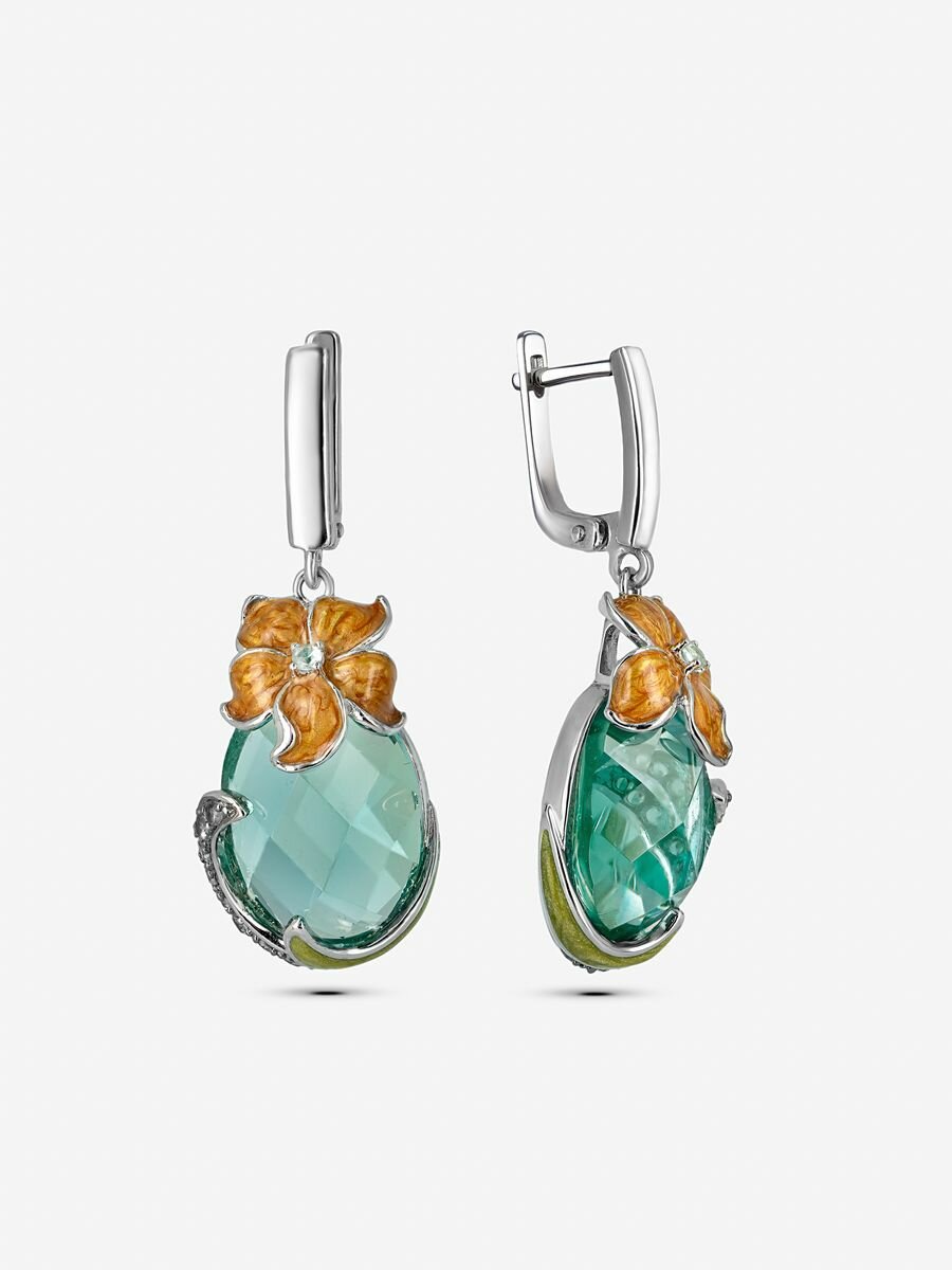 Серьги, серебро, 925 проба, родирование, шпинель синтетическая, эмаль