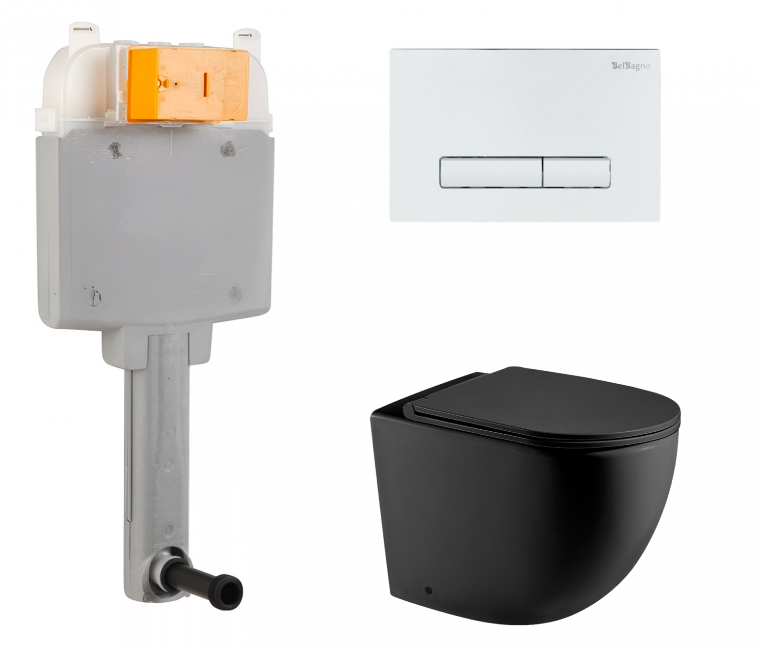 Комплект 3 в 1 смывной бачок скрытого монтажа BelBagno BB025-CS + Приставной унитаз WeltWasser Merzbach 002 MT-BL черный с кнопкой белой Genova