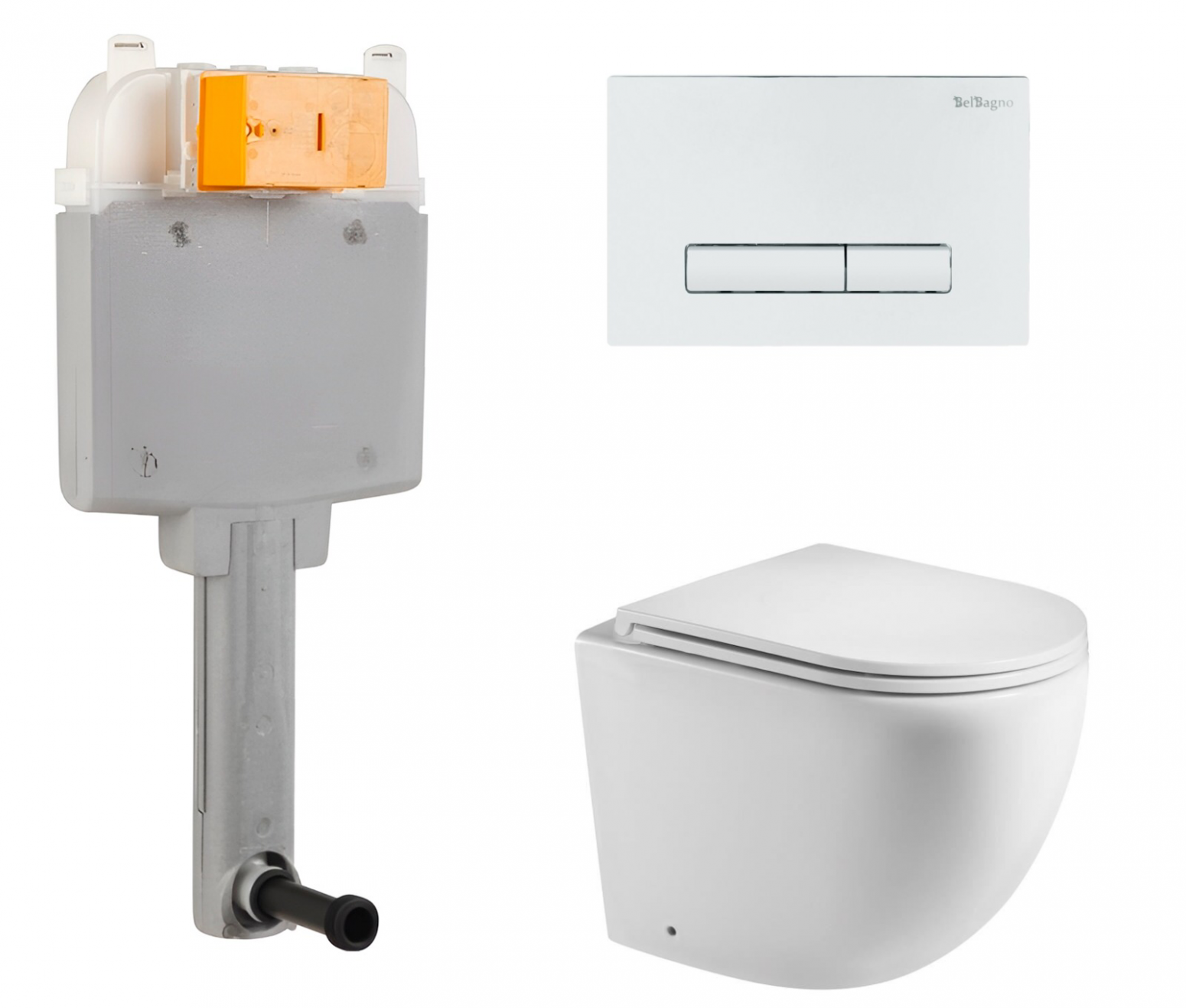Комплект 3 в 1 смывной бачок скрытого монтажа BelBagno BB025-CS + Приставной унитаз WeltWasser Merzbach 002 GL-WT с кнопкой белой Genova