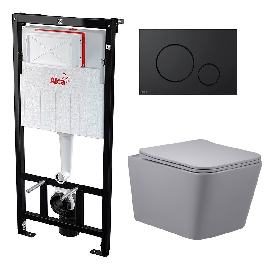 Комплект 3 в 1 инсталляция AlcaPlast + Унитаз подвесной Vincea Q-Line VT1-12MG + черная кнопка