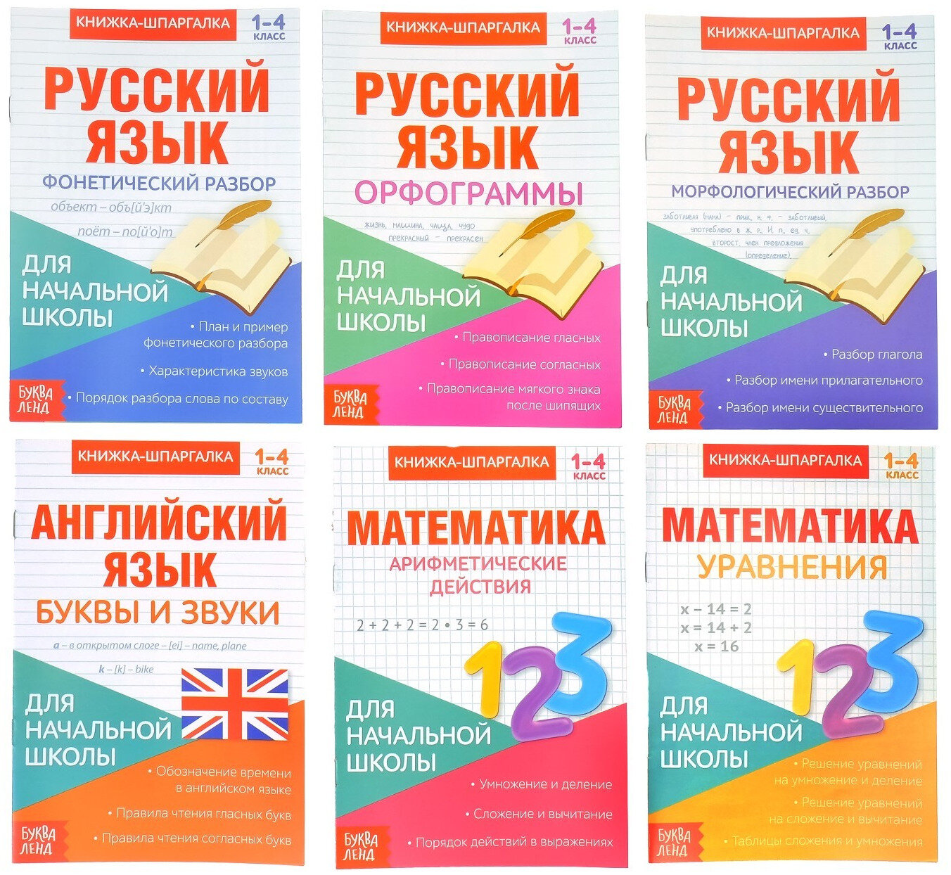 Книги-шпаргалки набор для начальной школы для детей с примерами, конспект с правилами, 6 книг по 8 страниц