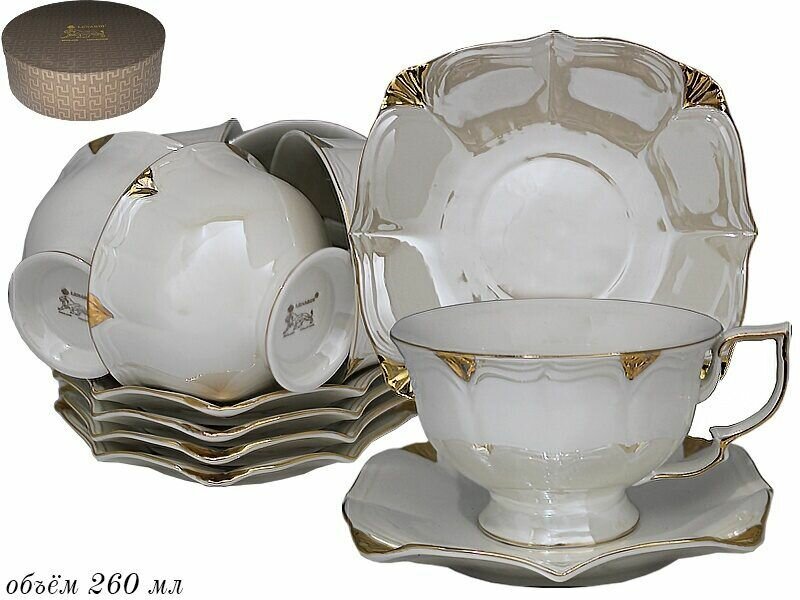 Чайный набор на 6 персон 12 предметов, 260 мл Перламутр Белый в подарочной упаковке фарфор Lenardi