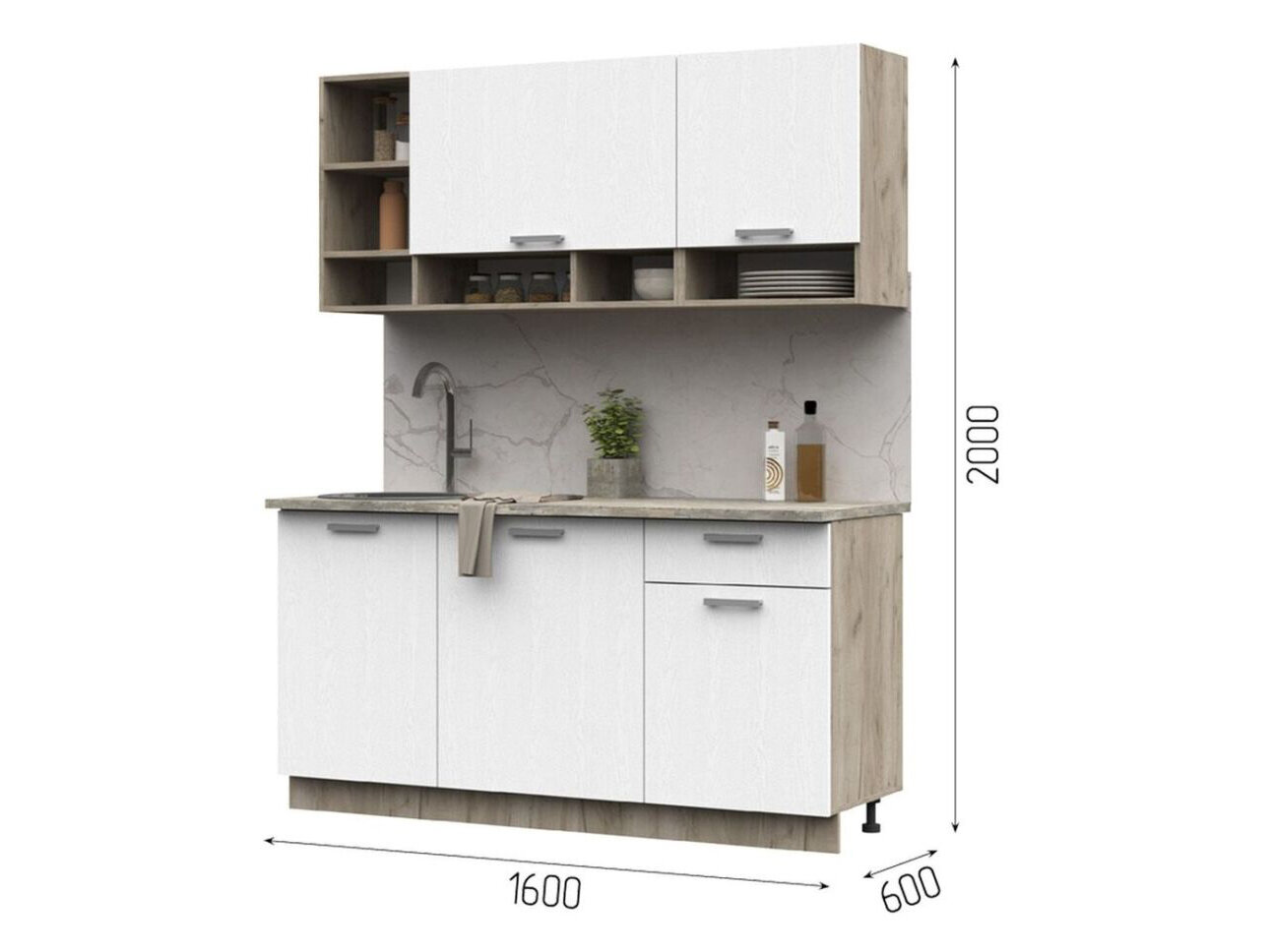 Кухня Рица комплект 1,6м - цвет Дуб крафт серый/белый Стендмебель