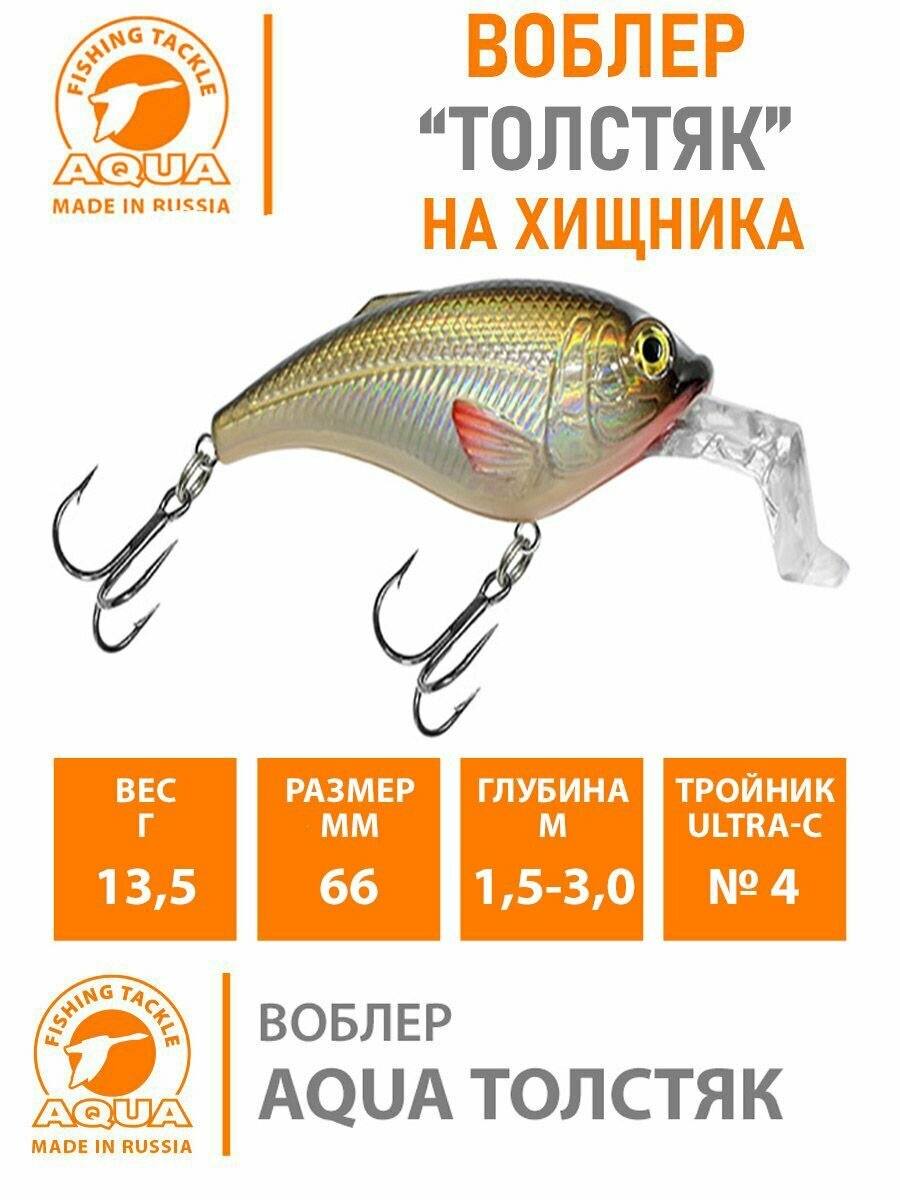 Воблер для рыбалки AQUA толстяк SR 66mm, цвет 018 (карась), 1 штука