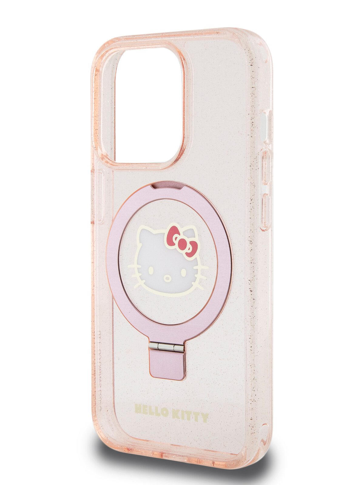 Hello Kitty для iPhone 15 Pro Max чехол PC/TPU Kitty Head + Ring Stand Hard Glitter Pink (MagSafe)