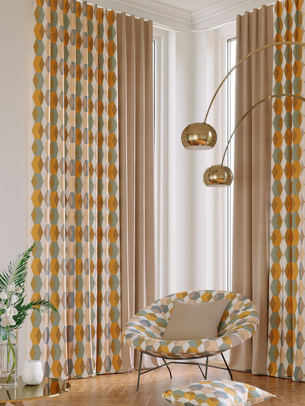 Комплекты штор AT HOME Лирионс высота 280 см, ширина 220 см, крепление - шторная лента, Бежевый