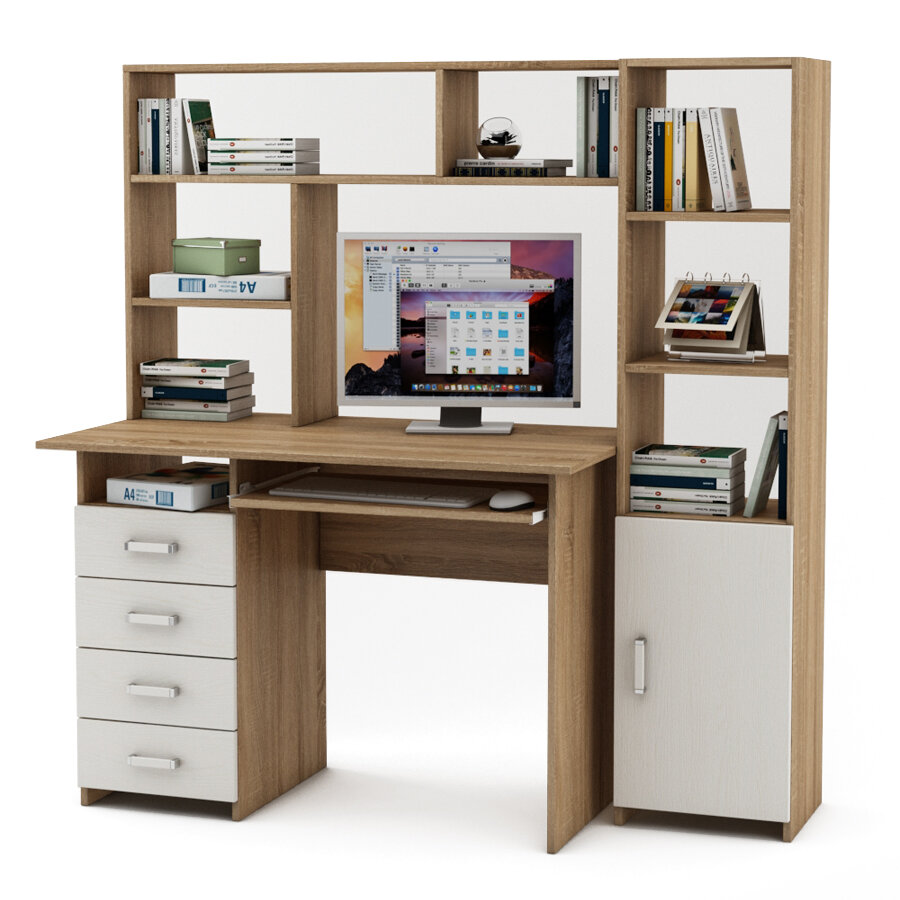 Стол письменный, компьютерный Лайт (Ньюкасл) 4К с надстройкой и стеллажом цвет: Дуб сонома/Белый