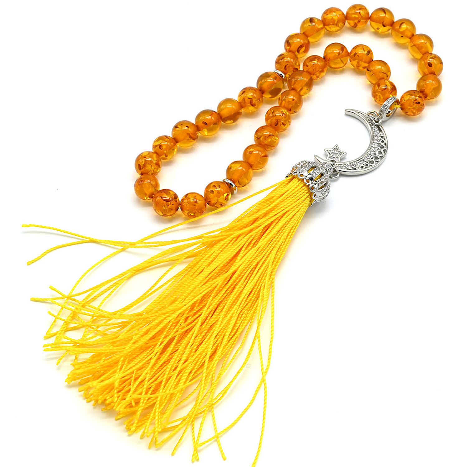 Мусульманские четки "Полумесяц" из янтаря шарик 8мм цв. медовый, 27см, 33 бусины .