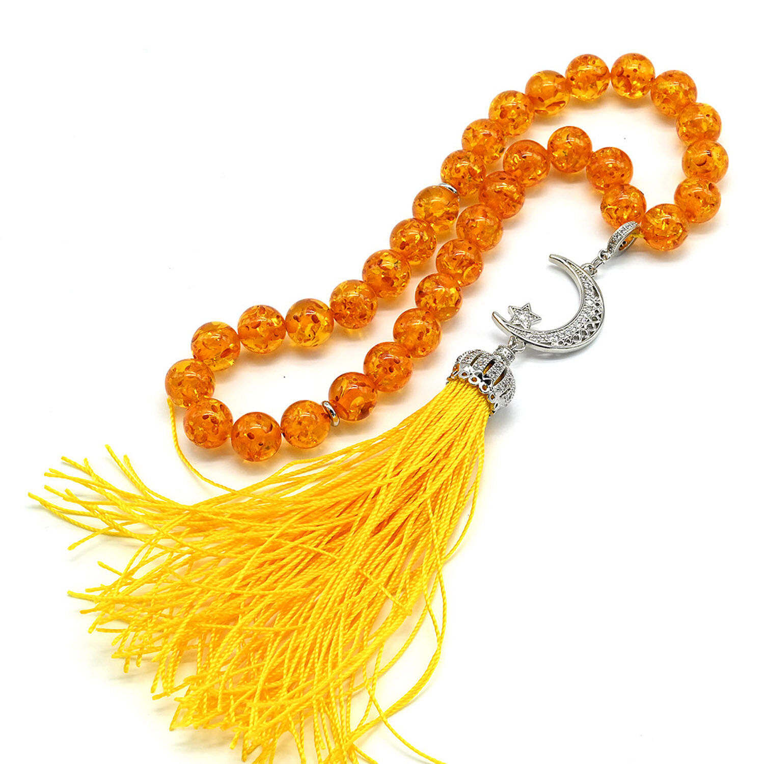 Четки 33 бусины "Полумесяц" из янтаря шарик 10мм цв. медовый, 34см .