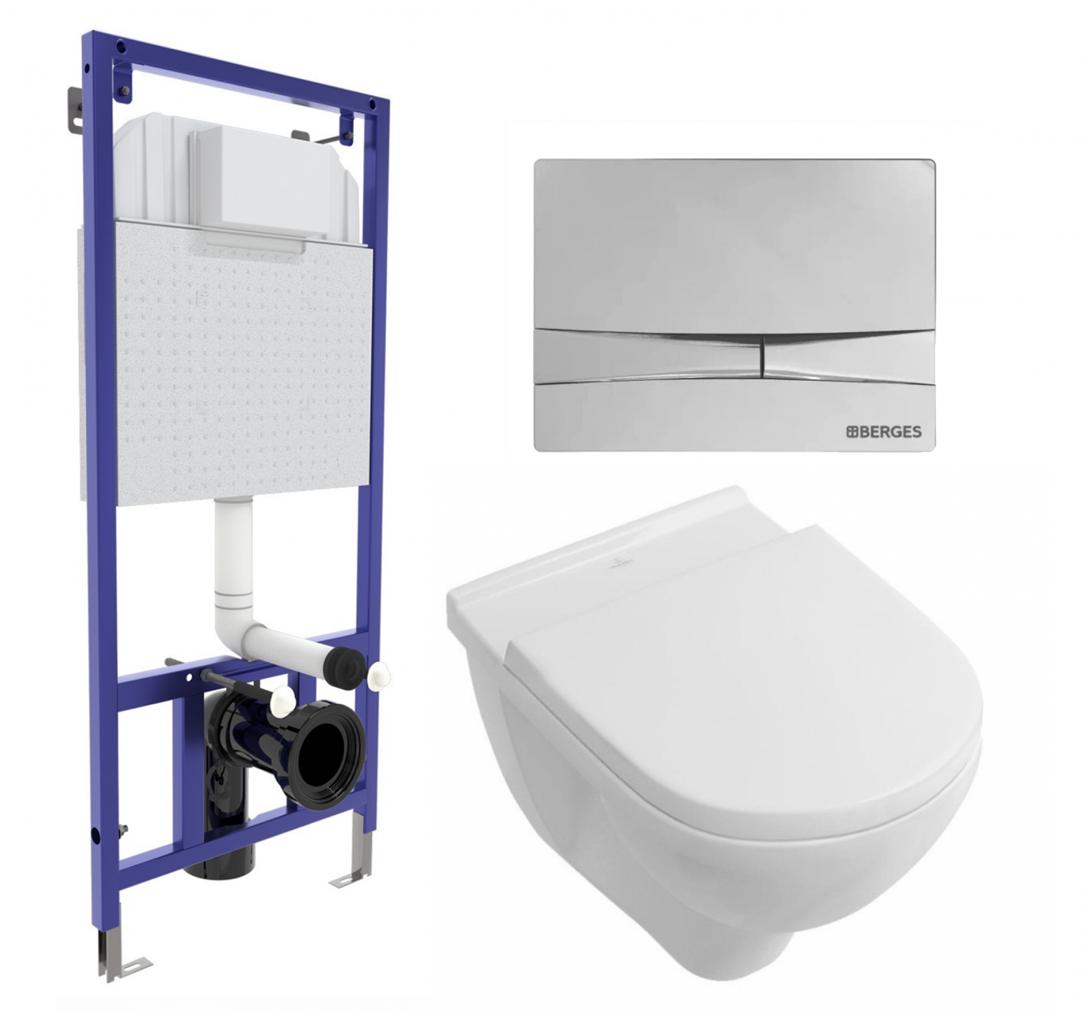 Комплект 3 в 1 инсталляция Berges Wasserhaus Novum 040253 + Унитаз подвесной Villeroy & Boch O Novo Directflush + кнопка хром