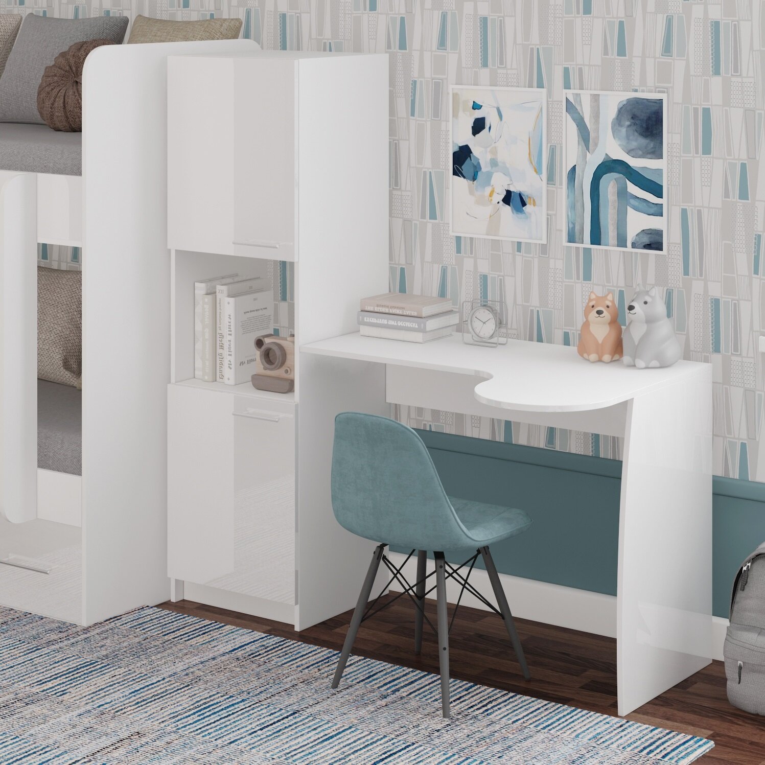 Письменный стол со стеллажом, с пеналом, Есэндвич Лаворо, 145x67,5х150 см, левый (Белый/Белый глянец)