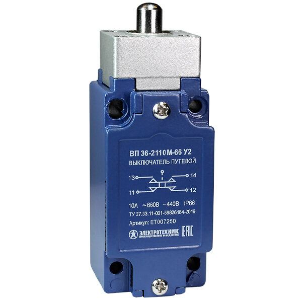 Путевой выключатель Электротехник ВП 36-2110М-66 У2, толкатель, 1з+1р, безинерционный, 30х60 мм, без сальника, 3А, IP66, ET007250