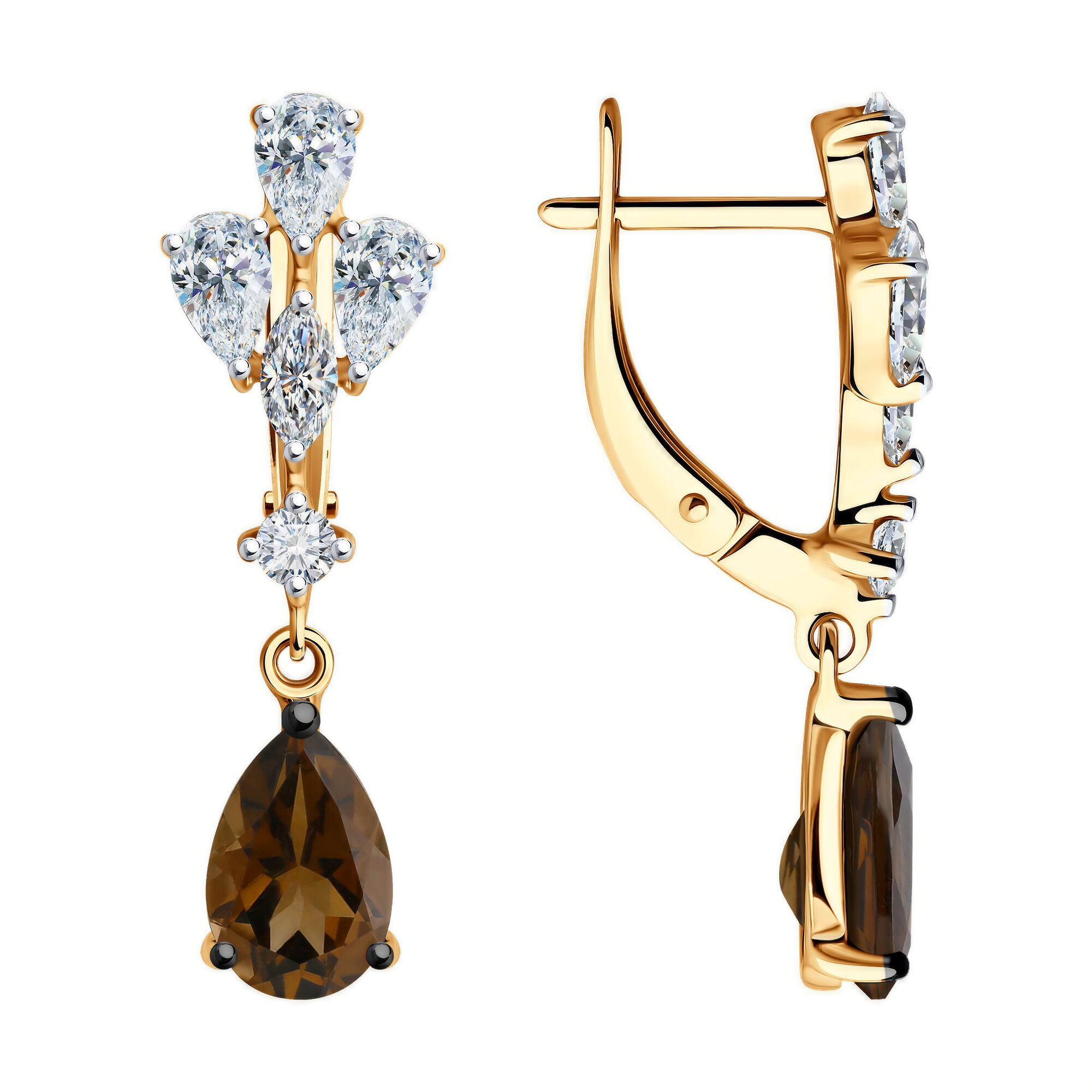 Серьги, серебро, 925 проба, золочение, раухтопаз, фианит